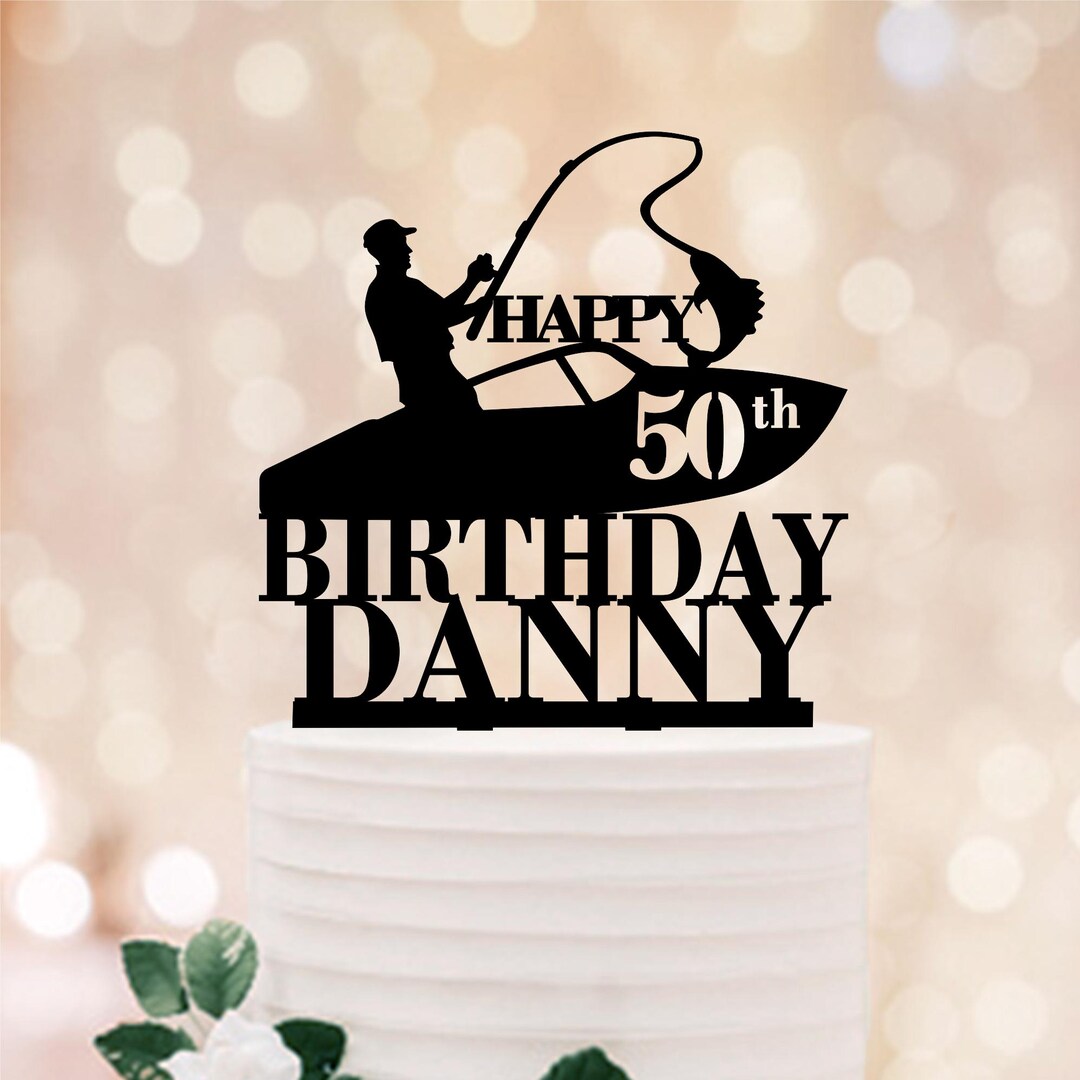 Boat and Bass Fisherman Birthday Cake Topper, Name and Age Fishing Cake ...