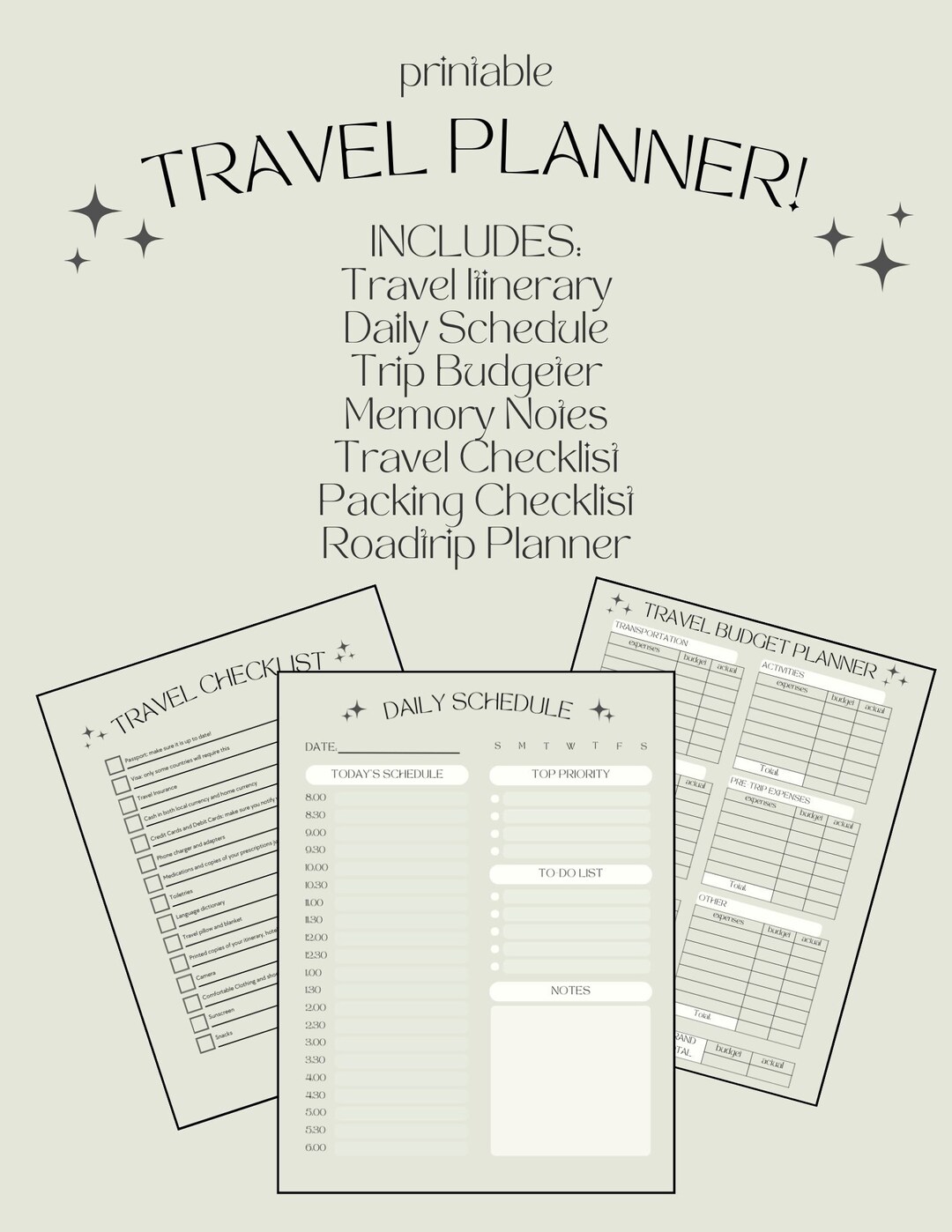 Printable Travel Planner and Itinerary Guide Green Minimal for Spring ...