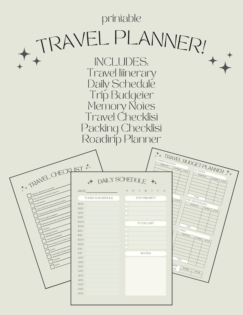 Printable Travel Planner and Itinerary Guide Green Minimal for Spring ...