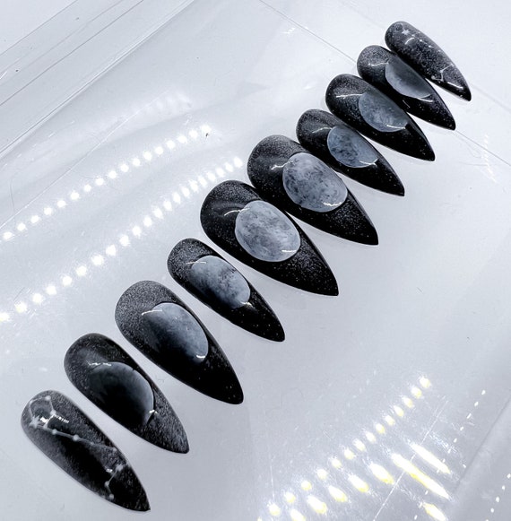 Moon Phase Nails Moon Nails Black Nails Cat Eye Nails - Etsy
