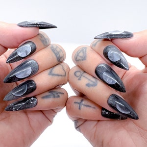 Moon Phase Nails Moon Nails Black Nails Cat Eye Nails Hand Painted ...