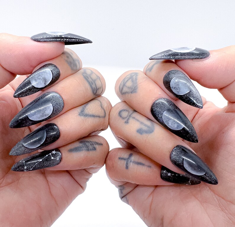 Moon Phase Nails Moon Nails Black Nails Cat Eye Nails - Etsy
