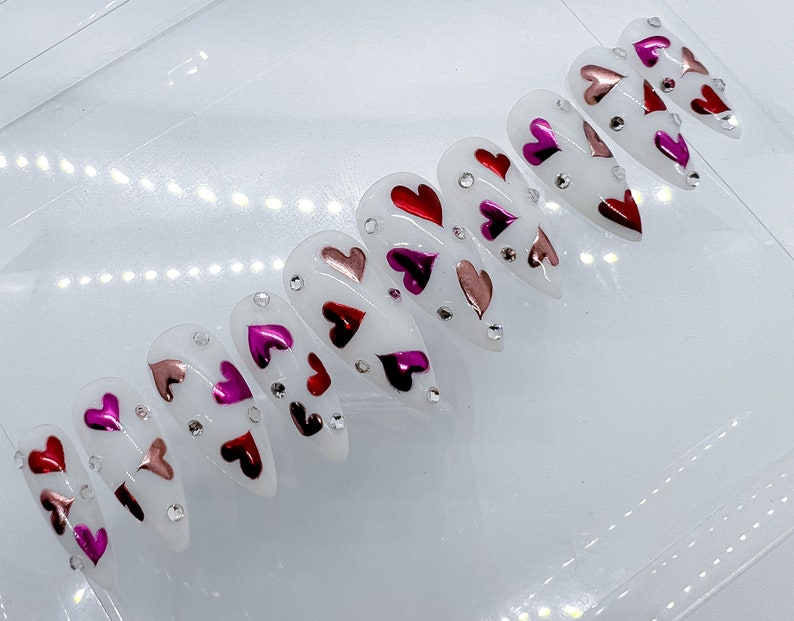 Heart Nails Chrome Nails Valentines Day Nails Chrome - Etsy