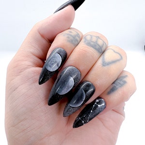 Moon Phase Nails Moon Nails Black Nails Cat Eye Nails Hand Painted ...
