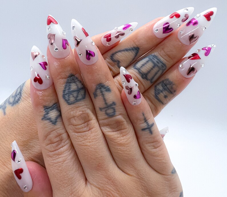 Heart Nails Chrome Nails Valentines Day Nails Chrome - Etsy