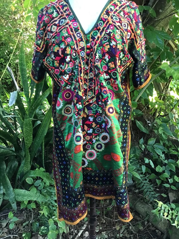 Vintage cotton Indian tunic with embroidery and mirro… - Gem