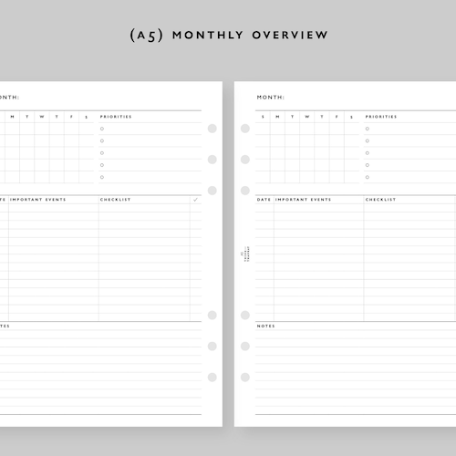 A5 Size Monthly Overview Printable Inserts - Etsy