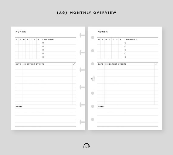 A6 Size Monthly Overview Plan Printable Inserts | Etsy