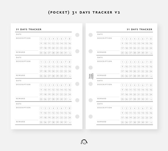 POCKET Size 31 Days Tracker V2 Printable Inserts - Etsy