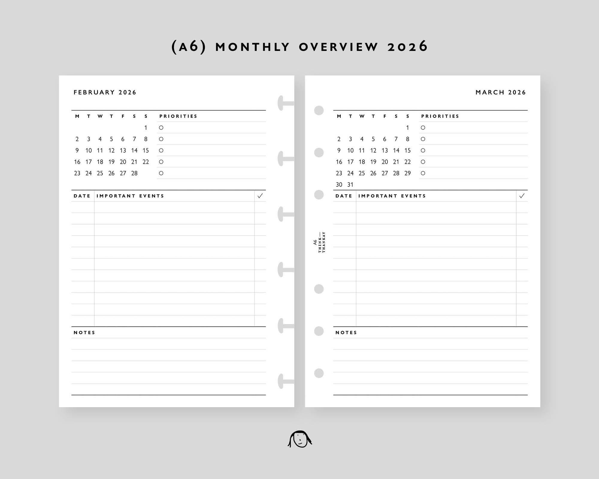 A6 Monthly Planner 2026 Printable Inserts: Ring Binder Refills (PDF ...