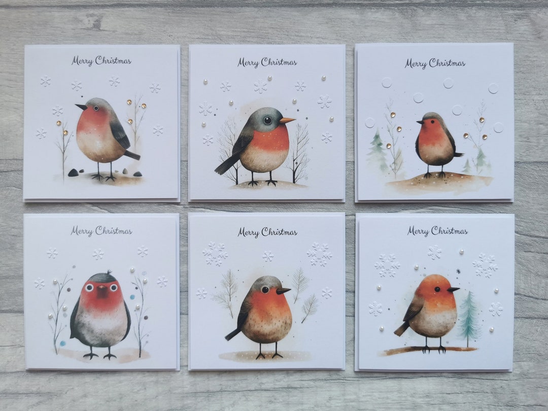 Pack of 6 4x4" Handmade Christmas Cards With Robin, Pack of Cards With ...