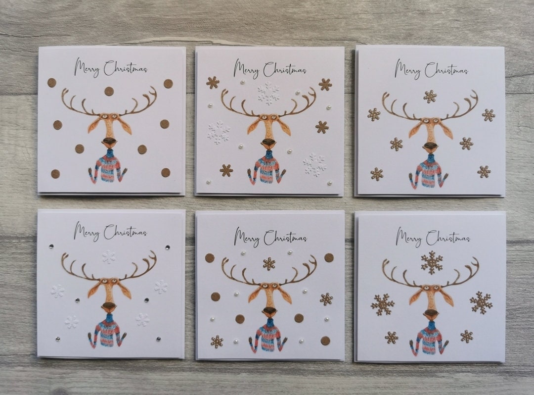Pack of 6 Christmas Reindeer Cards, Pack of Handmade Christmas Cards ...