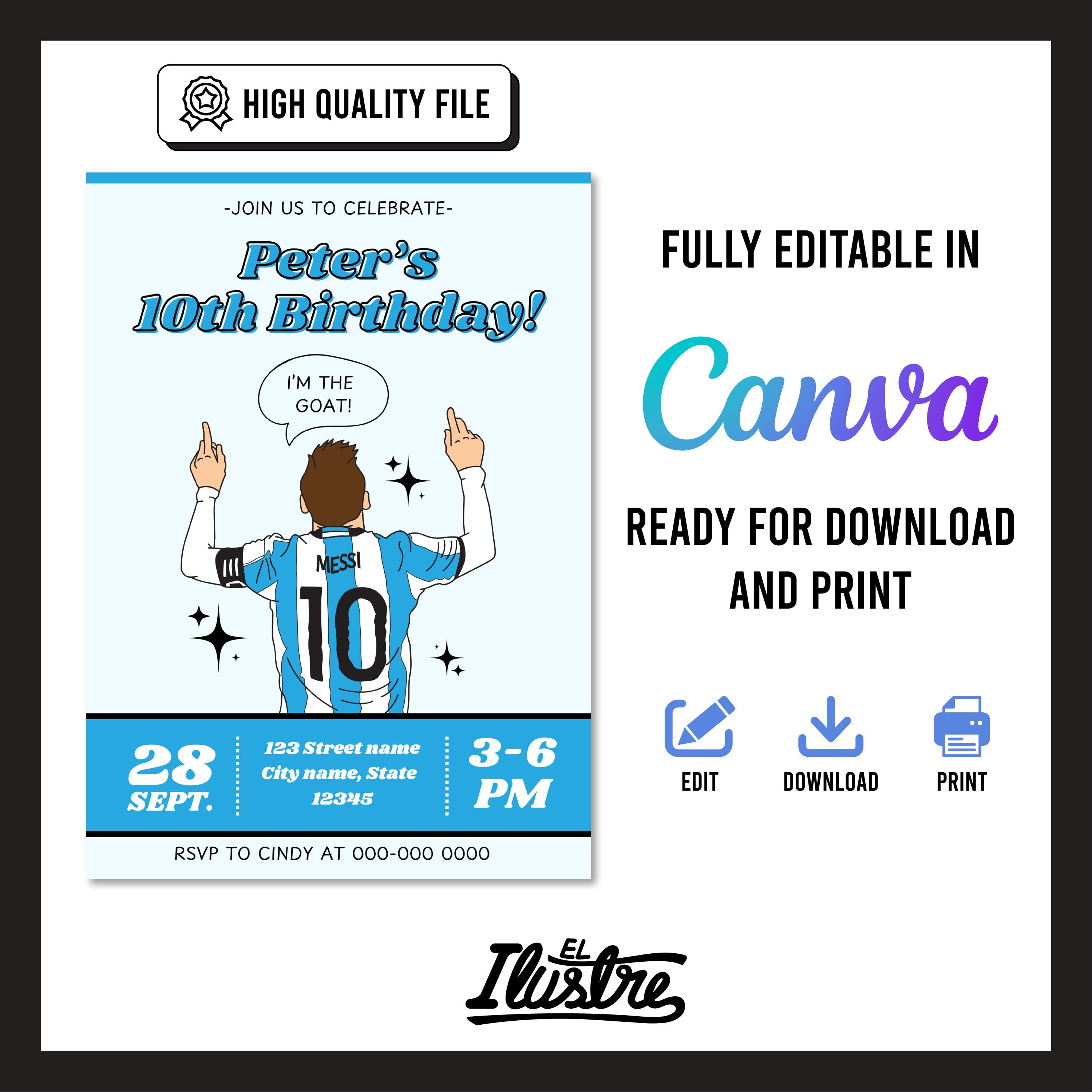 Messi Birthday Invitation Card, Editable Birthday Template, Printable ...