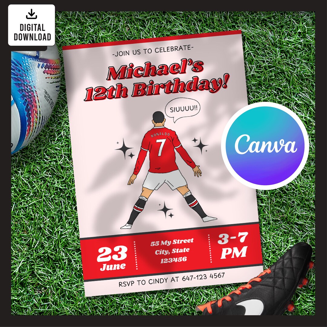 Cristiano Ronaldo Birthday Invitation Card, Editable Birthday Template ...