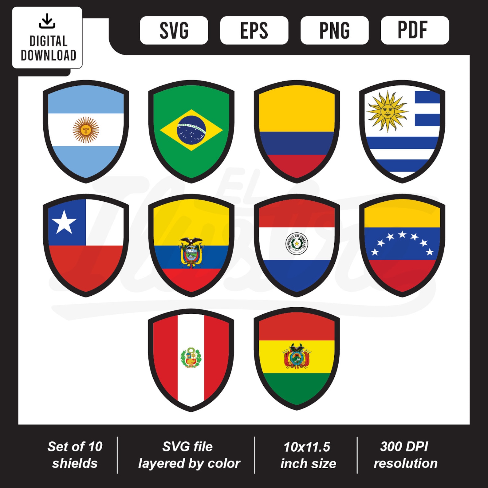South America Flags, Shields, SVG File, EPS, PNG, Clipart, High ...