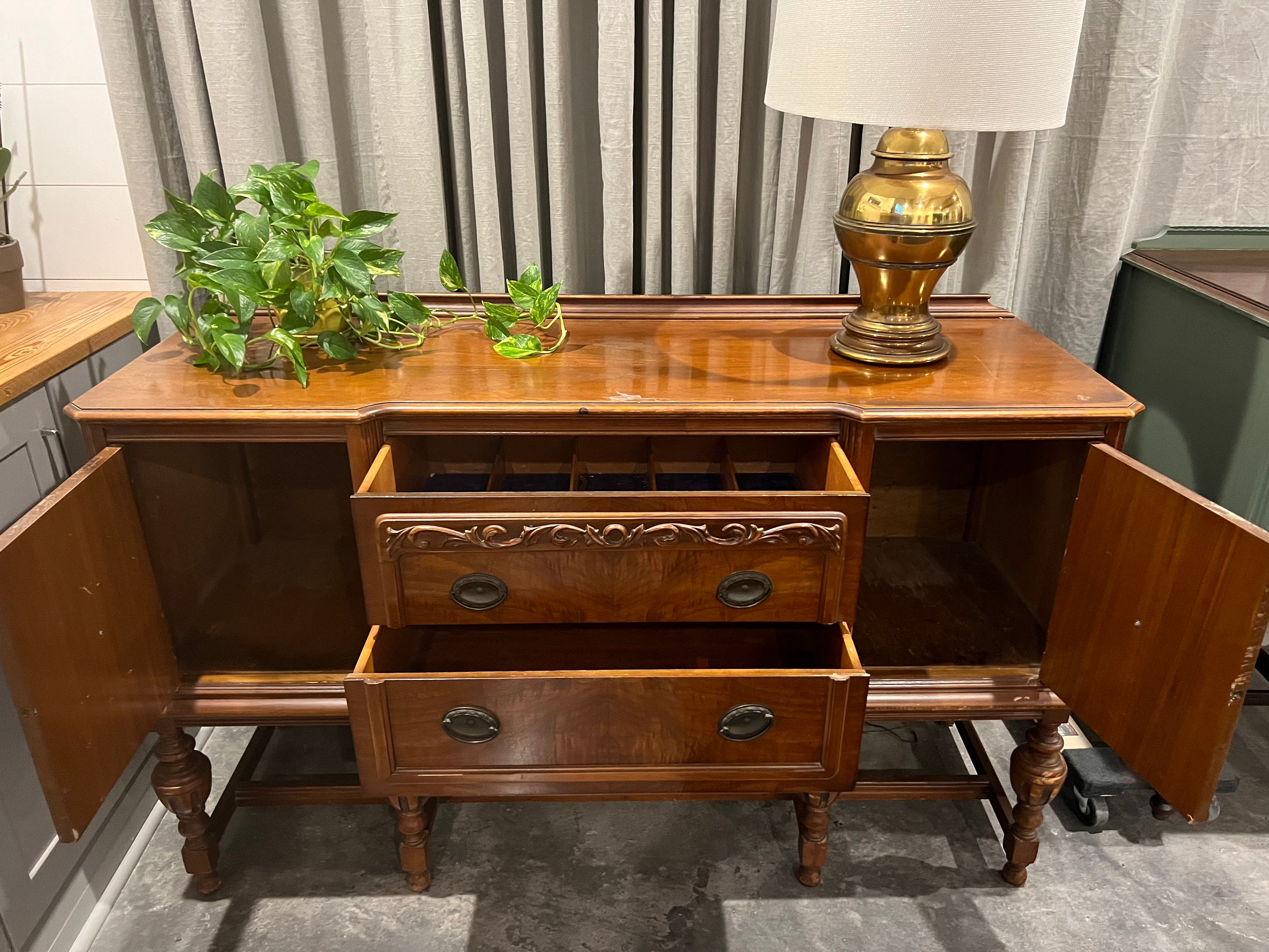 Mahogany Jacobean Buffet sideboard. Antique Burl Wood Veneer. Etsy