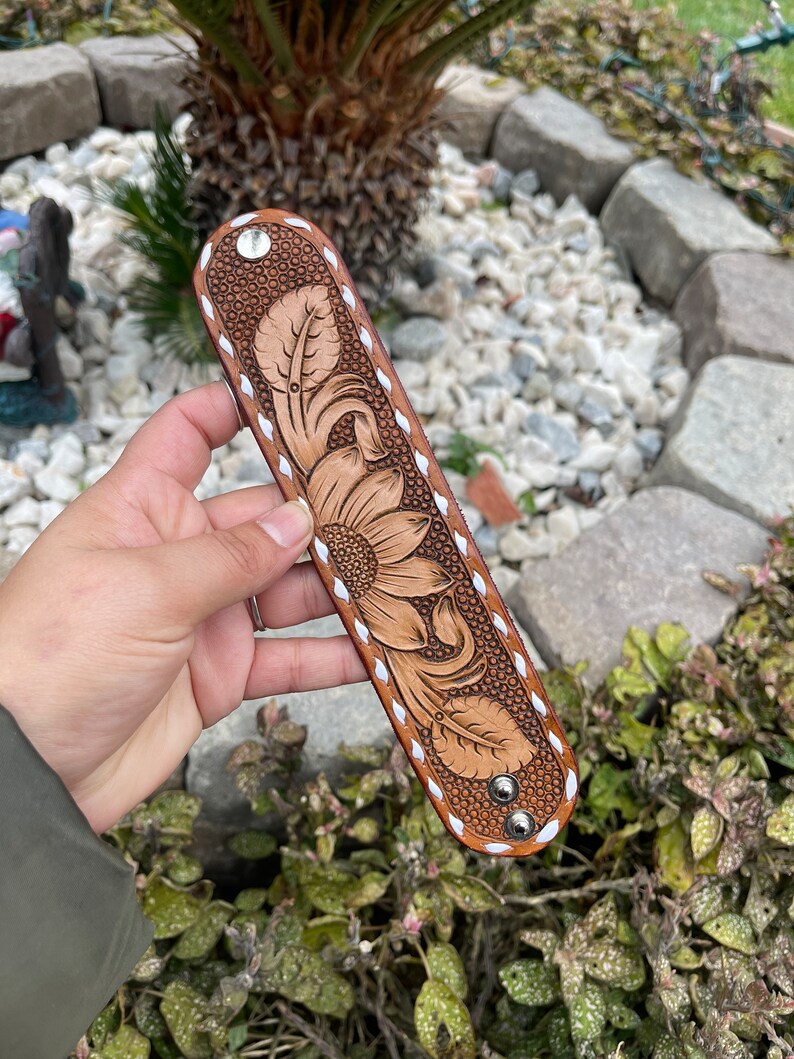 Tooled Sunflowers Leather Bracelet With Buckstitch/hand-stamped/western ...