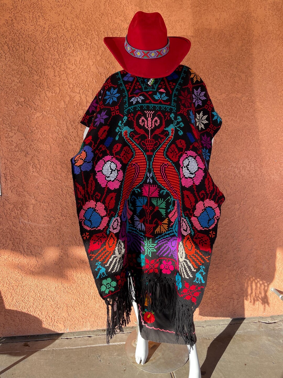Hand Embroidered Full Body Mexican Poncho. White Mexican Poncho ...