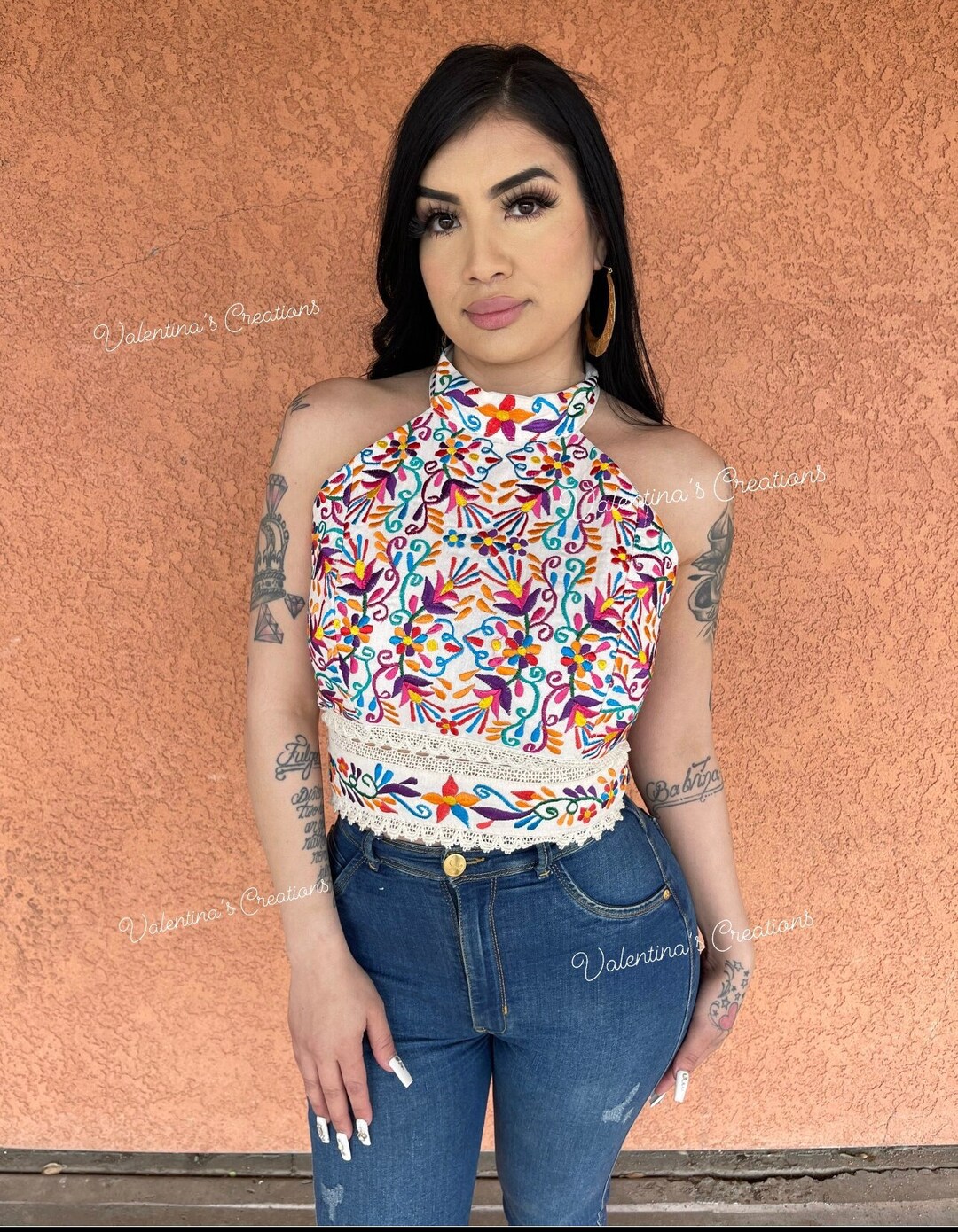 Mexican Embroidered Halter Crop Top Mexican Embroidered Floral Top