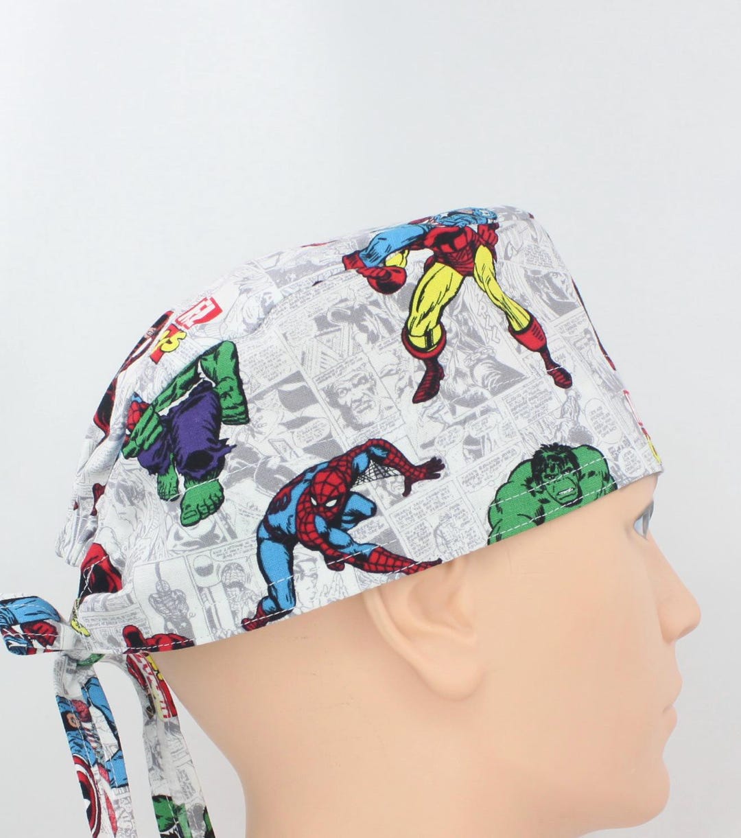Cartoon Superhero Print Cotton 3.5" Tall Handmade Scrub Cap for Men - Etsy