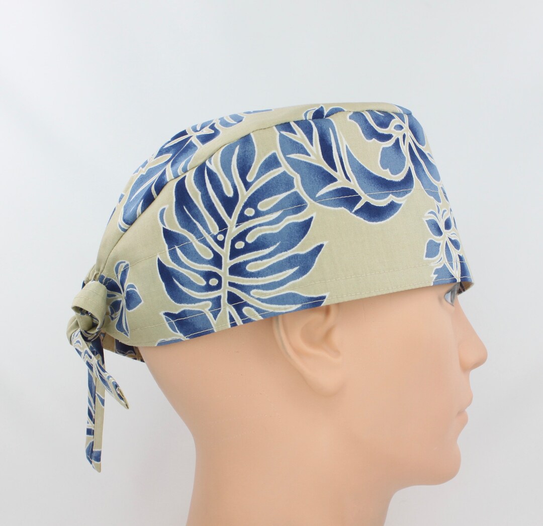 Mens Blue Flowers on Tan Hawaiian Scrub Cap, Pediatrician Scrub Cap ...