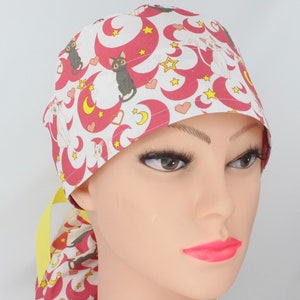 Anime Cats and Moon Pony Tail Bonnet, Vet Tech Bonnet, Scrub Cap ...