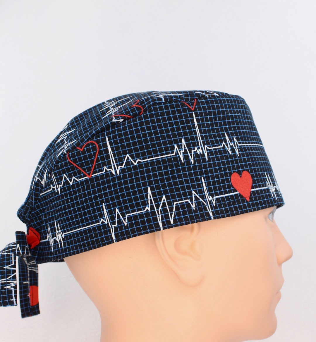 Mens Cardiac Care Blue Scrub Cap Nurse Scrub Cap Medical Cap Doctor