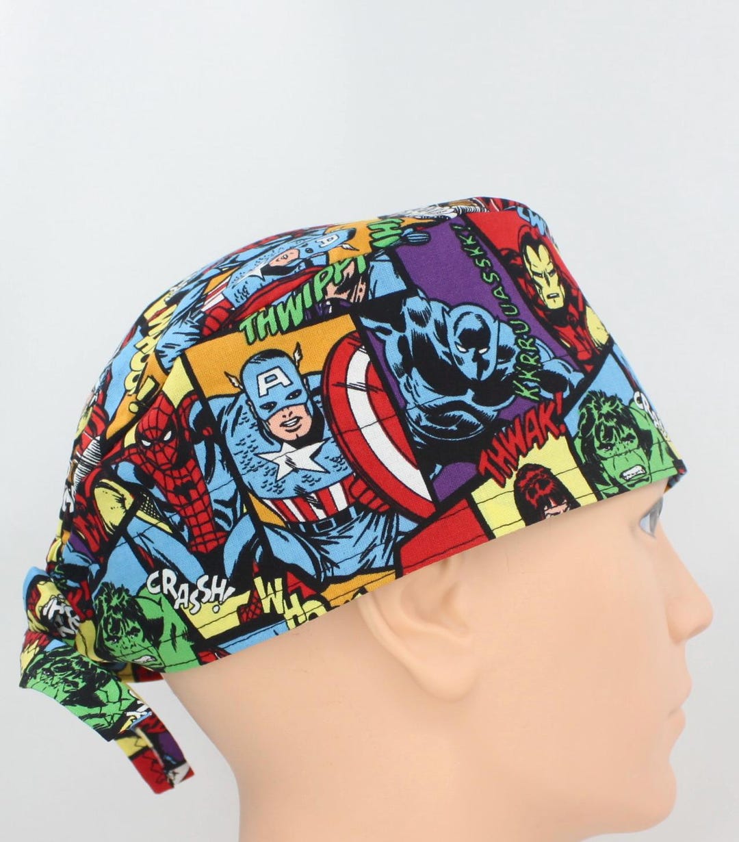 Colorful Cartoon Superhero Print Cotton 3.5" Tall Handmade Scrub Cap ...
