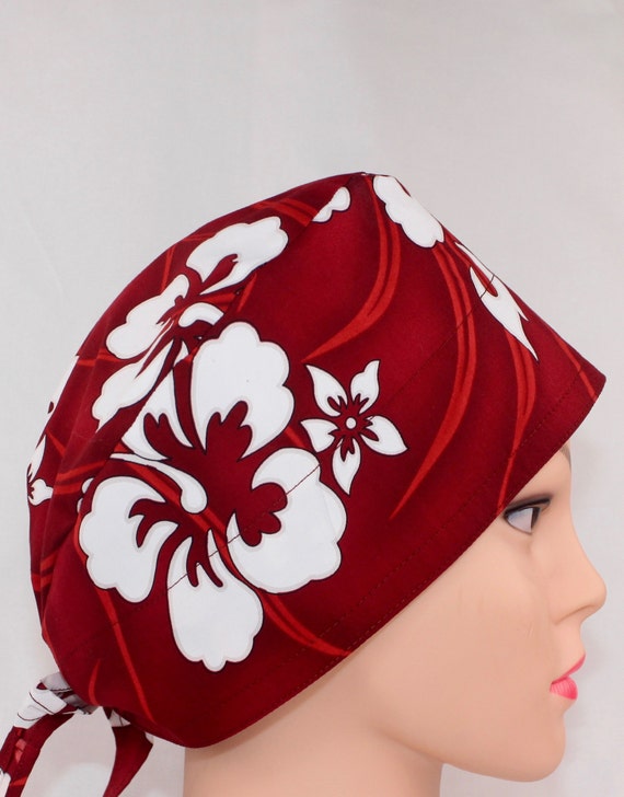 Red with White Hibiscus Bonnet Nurse bonnet Nurse Scrub cap | Etsy