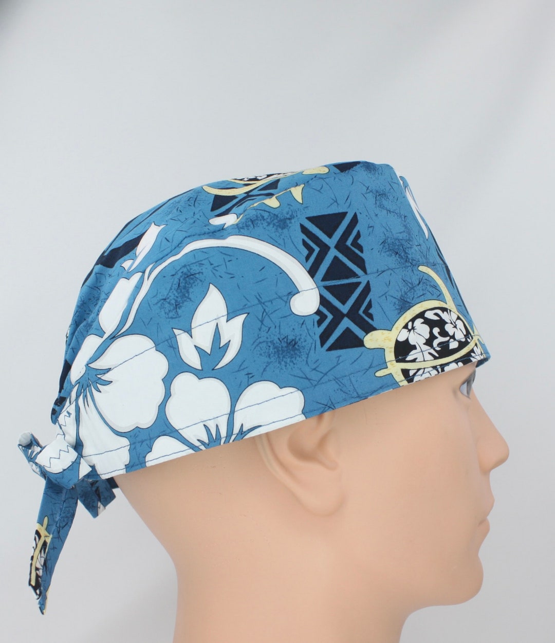 Hawaiian Blue With Hibiscus and Gold Handmade Cotton 3.5" Tall Scrub ...