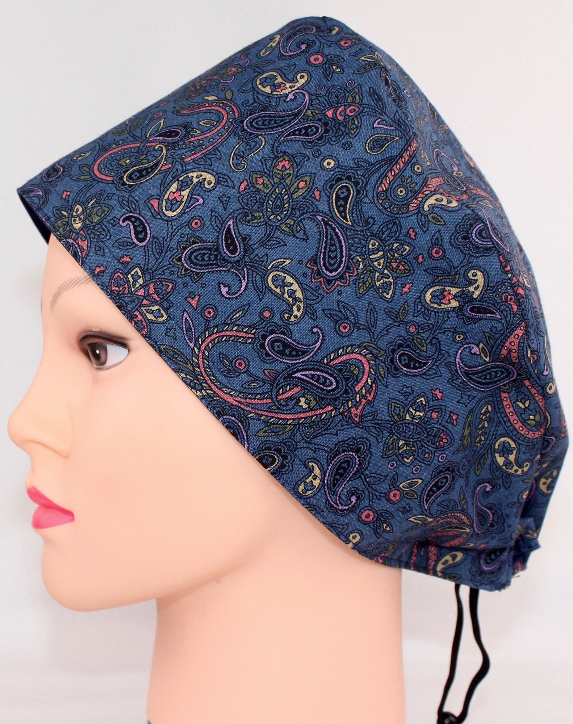Navy Paisley Euro Bonnet With Buttons Nurse Bonnet Toggle - Etsy
