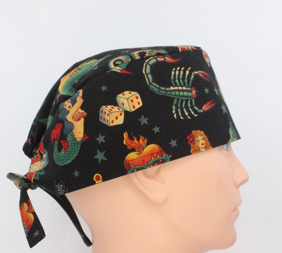Tattoo Print Mens Scrub Capmens OR Cap, Medical Cap, Doctor Cap, Tie ...
