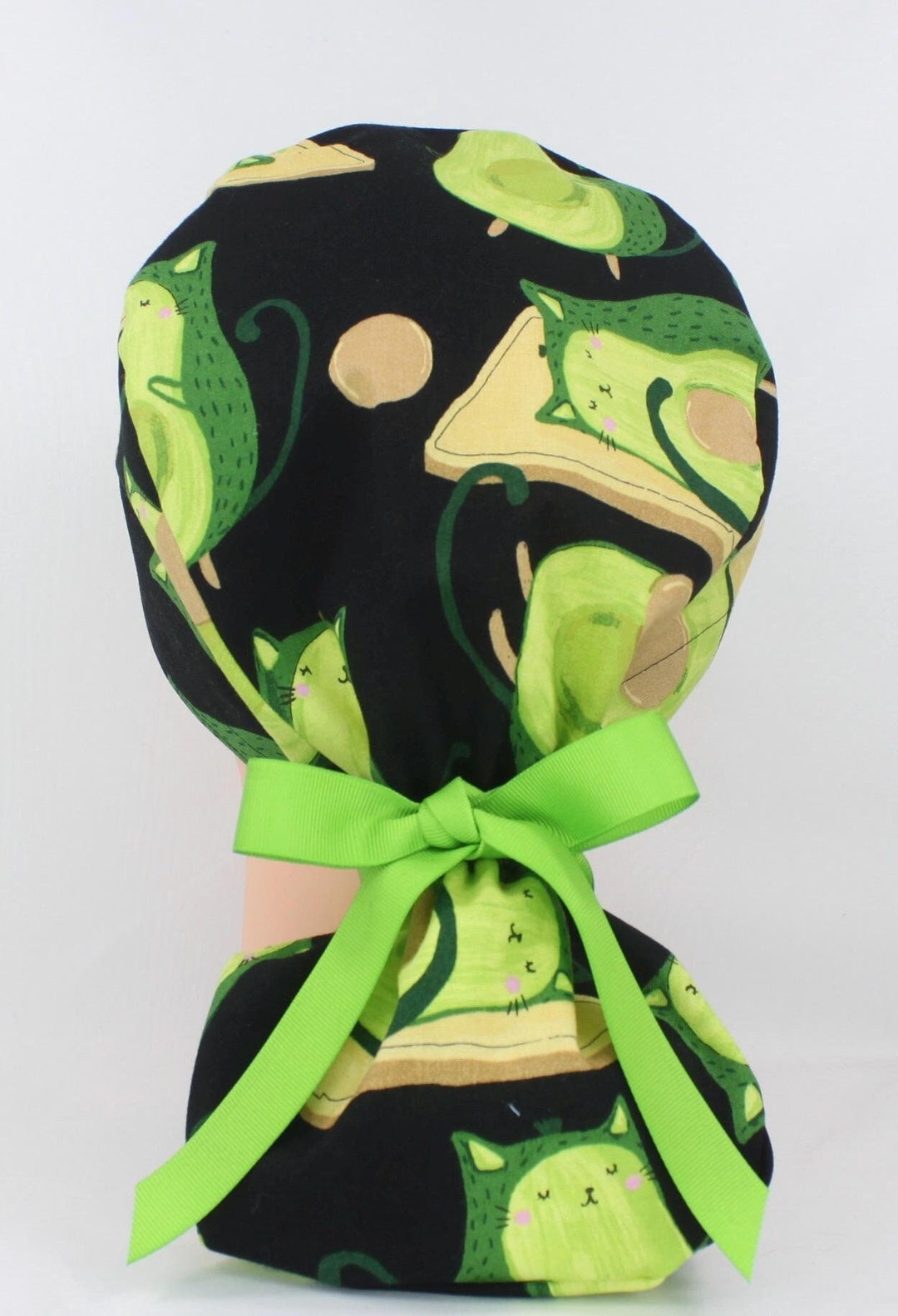 Avocado Cat Pony Tail Bonnet, Vet Tech Bonnet, Scrub Cap, Medical Cap ...
