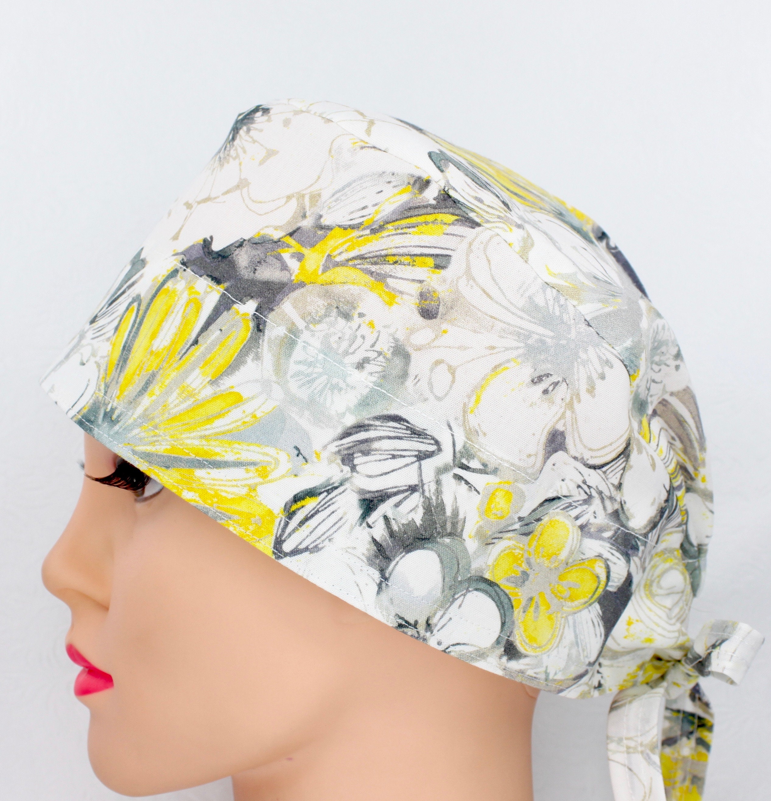 Yellow Grey Floral Nurse Bonnet Nurse Scrub Cap Medical Cap - Etsy UK