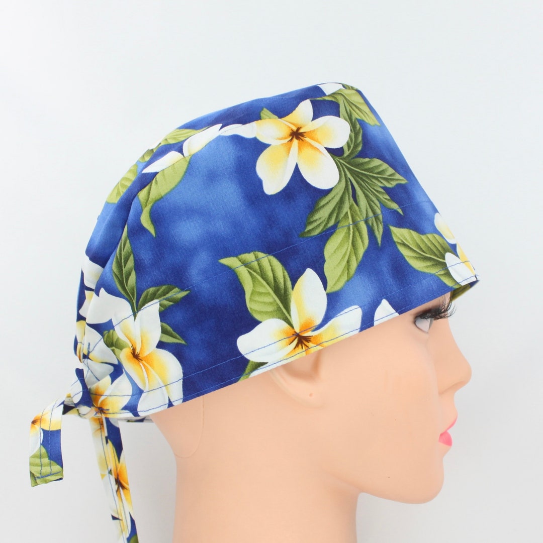 Hawaiian White Plumeria on Blue Medical Bonnet, Nurse Scrub Cap ...