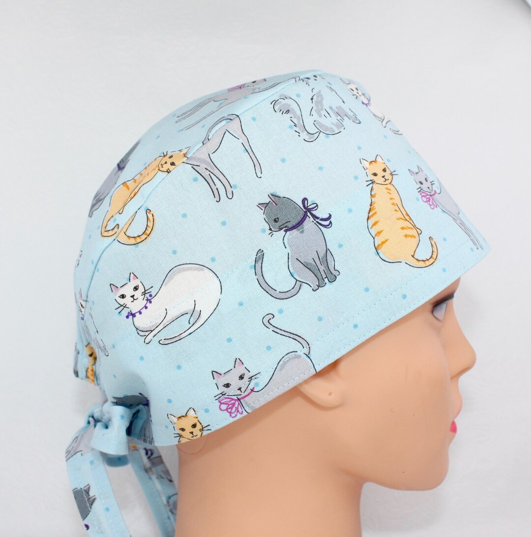 Cats on Lt. Blue Medical Bonnet, Doctor Scrub Cap, Surgical Cap, Nurse ...
