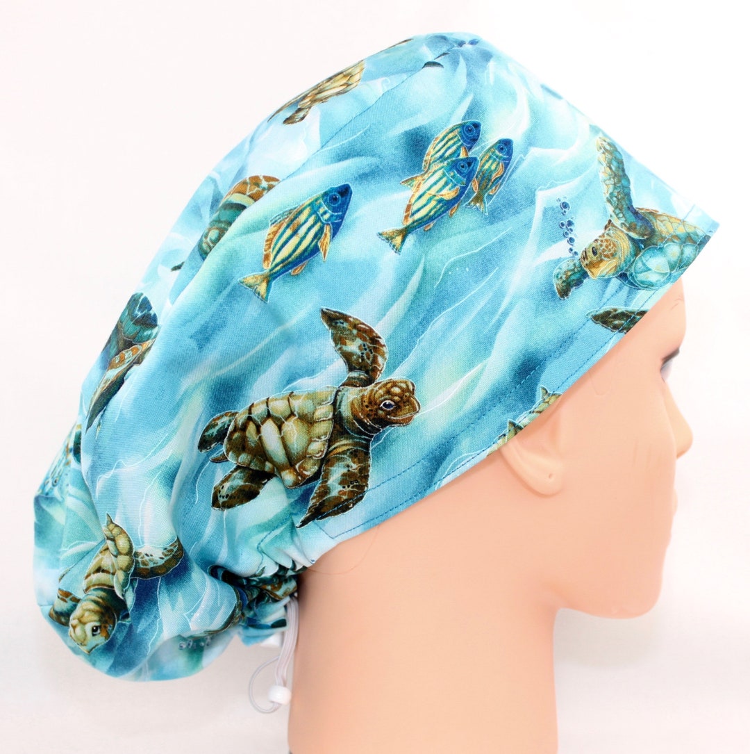 Sea Turtle Lined Cotton Scrub Cap: Handmade Euro Toggle Bonnet - Etsy