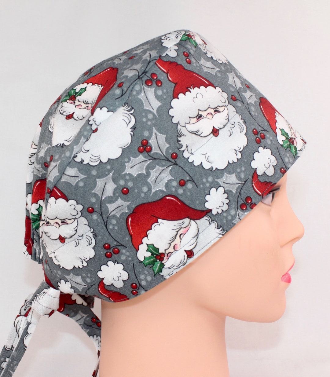 Santa on Grey Christmas Nurse Bonnet Nurse Scrub Cap Medical - Etsy