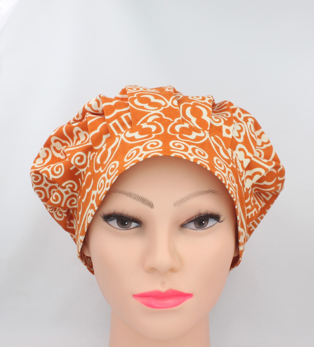 Orange Wax Print Bouffant Cotton Handmade Medical Bonnet for Women ...