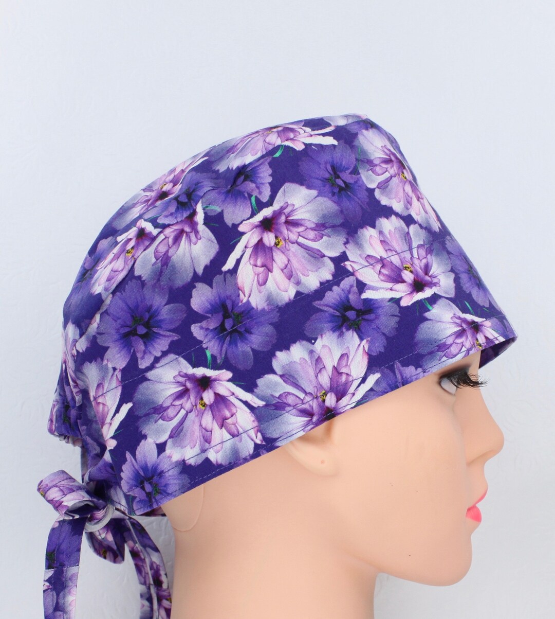 Purple With Lavender Flowers Nurse Bonnet, Nurse Scrub Cap, Medical Cap ...