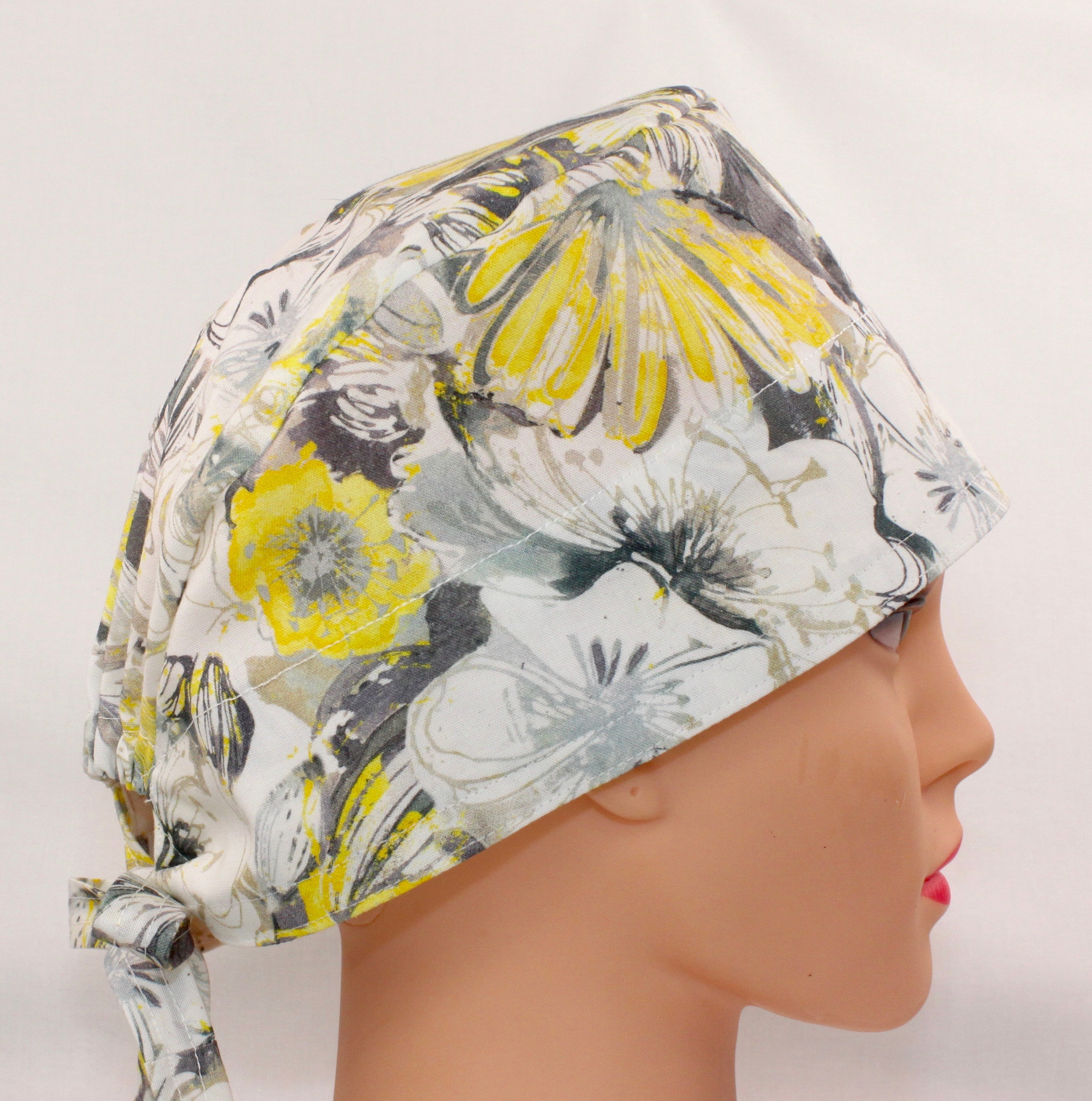 Yellow Grey Floral Nurse bonnet Nurse Scrub cap Medical cap | Etsy