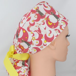 Anime Cats and Moon Pony Tail Bonnet, Vet Tech Bonnet, Scrub Cap ...