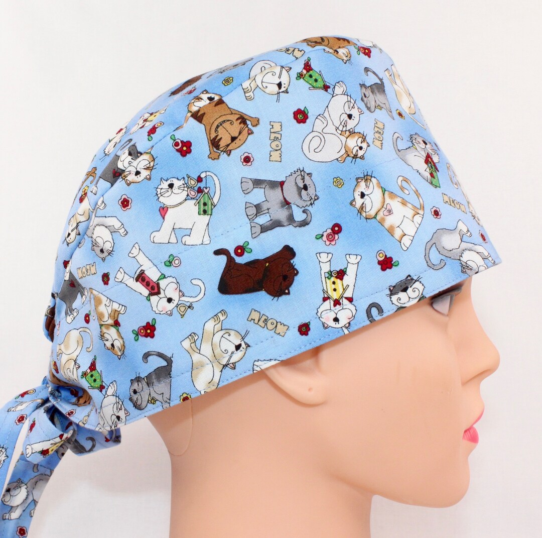Cats on Blue Medical Bonnet, Doctor Scrub Cap, Surgical Cap, Nurse Cap ...