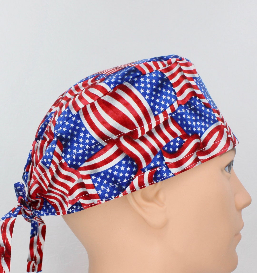 American Flag Mens Scrub Cap, Mens OR Cap, Medical Cap, Doctor Cap, Tie ...
