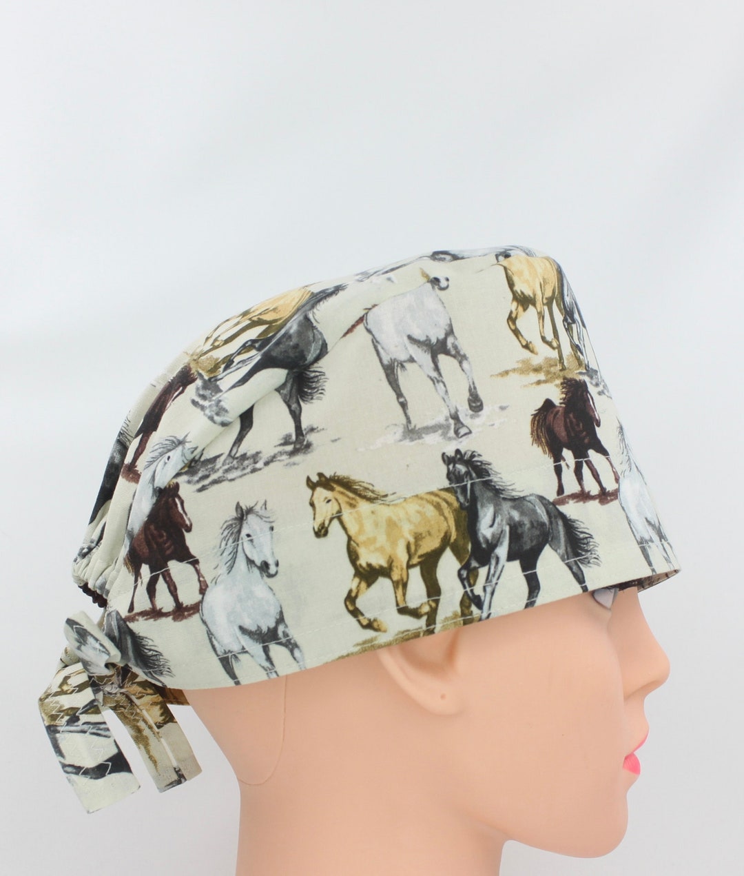 Horses on Beige Medical Bonnet, Doctor Scrub Cap, Surgical Cap, Nurse ...