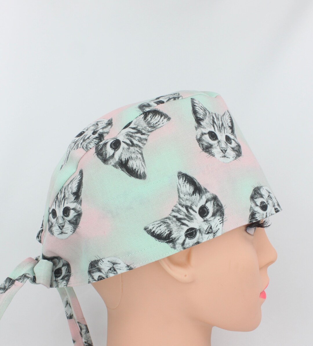 Cats Faces Pink Green Medical Bonnet - Etsy