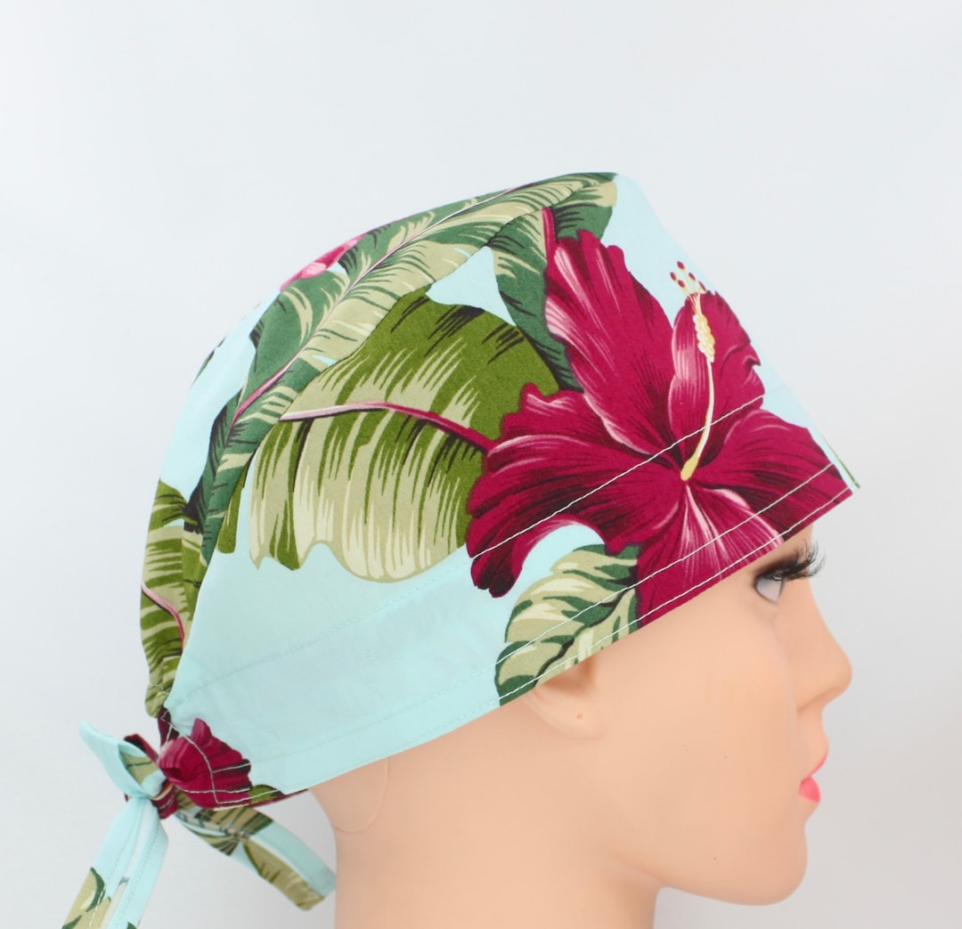 Hawaiian Red Hibiscus on Aqua Medical Bonnet, Nurse Scrub Cap, Doctor ...