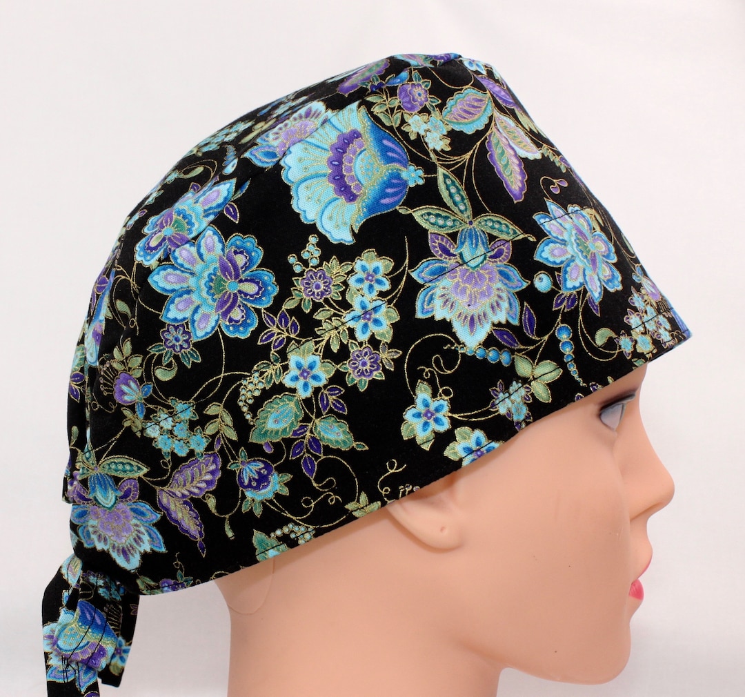 Blue Flowers With Gold Medical Bonnet, Doctor Scrub Cap, Surgical Cap ...