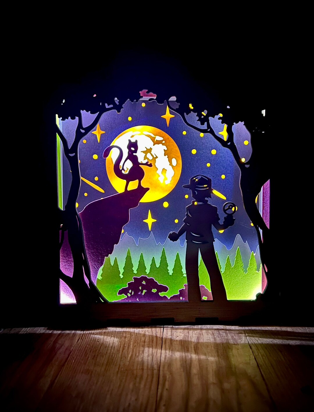 Wooden LED Lightbox Night Light - Pokémon and Mewtwo [customizable] - Etsy