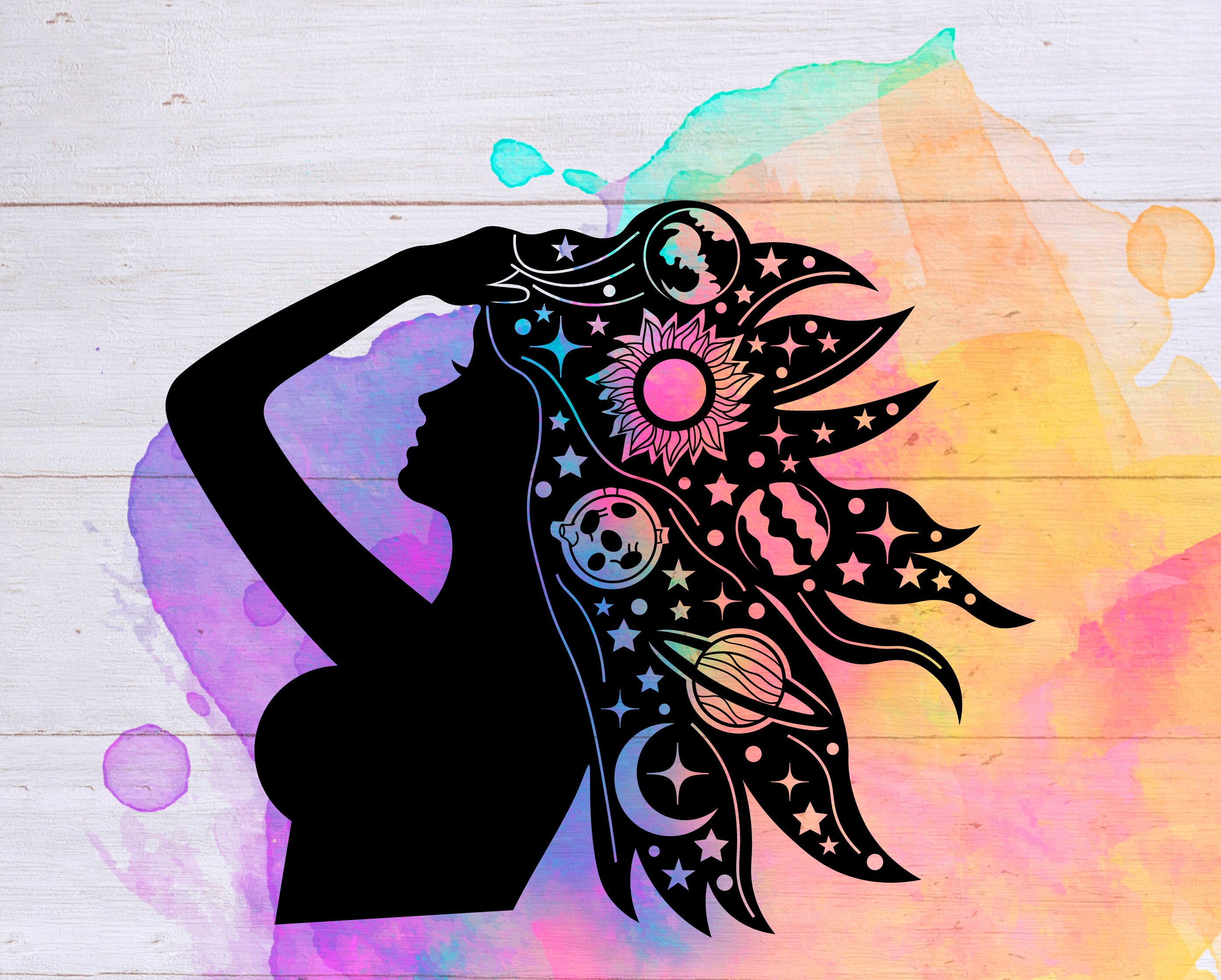 moon and stars svg/ Girl with planets svg/ Galaxy girl silhouette svg ...